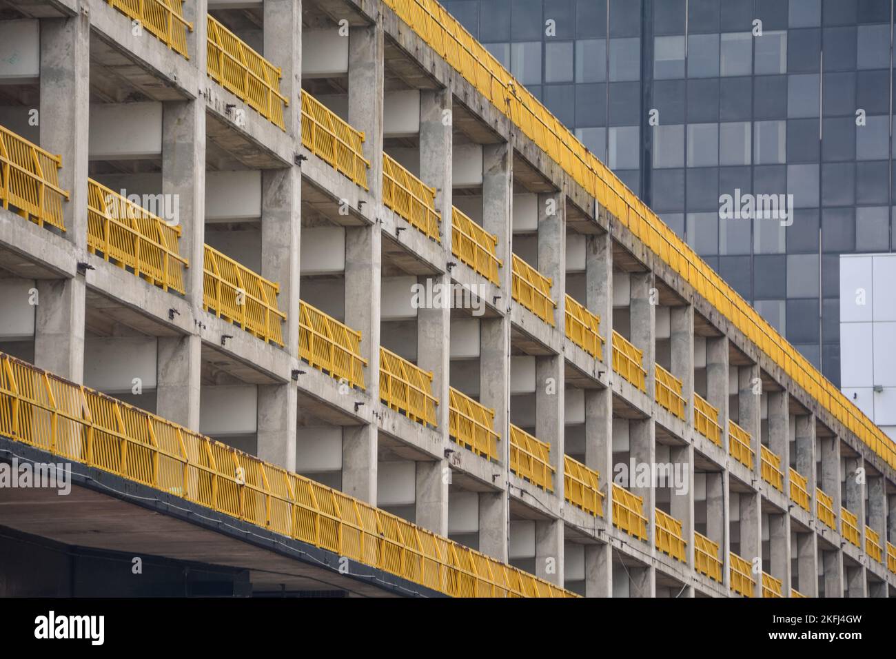 Yellow railings on multistory carpark in Rochdale town centre prior to ...