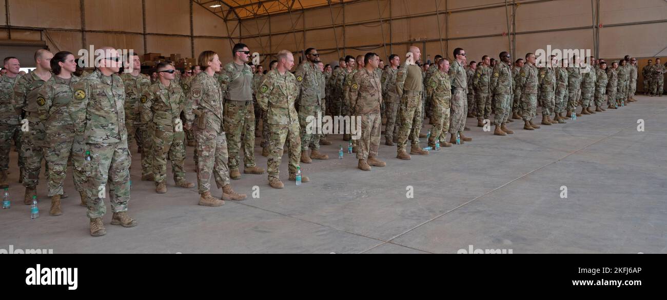 Members stationed at Nigerien Air Base 201, Niger, attend an all call ...