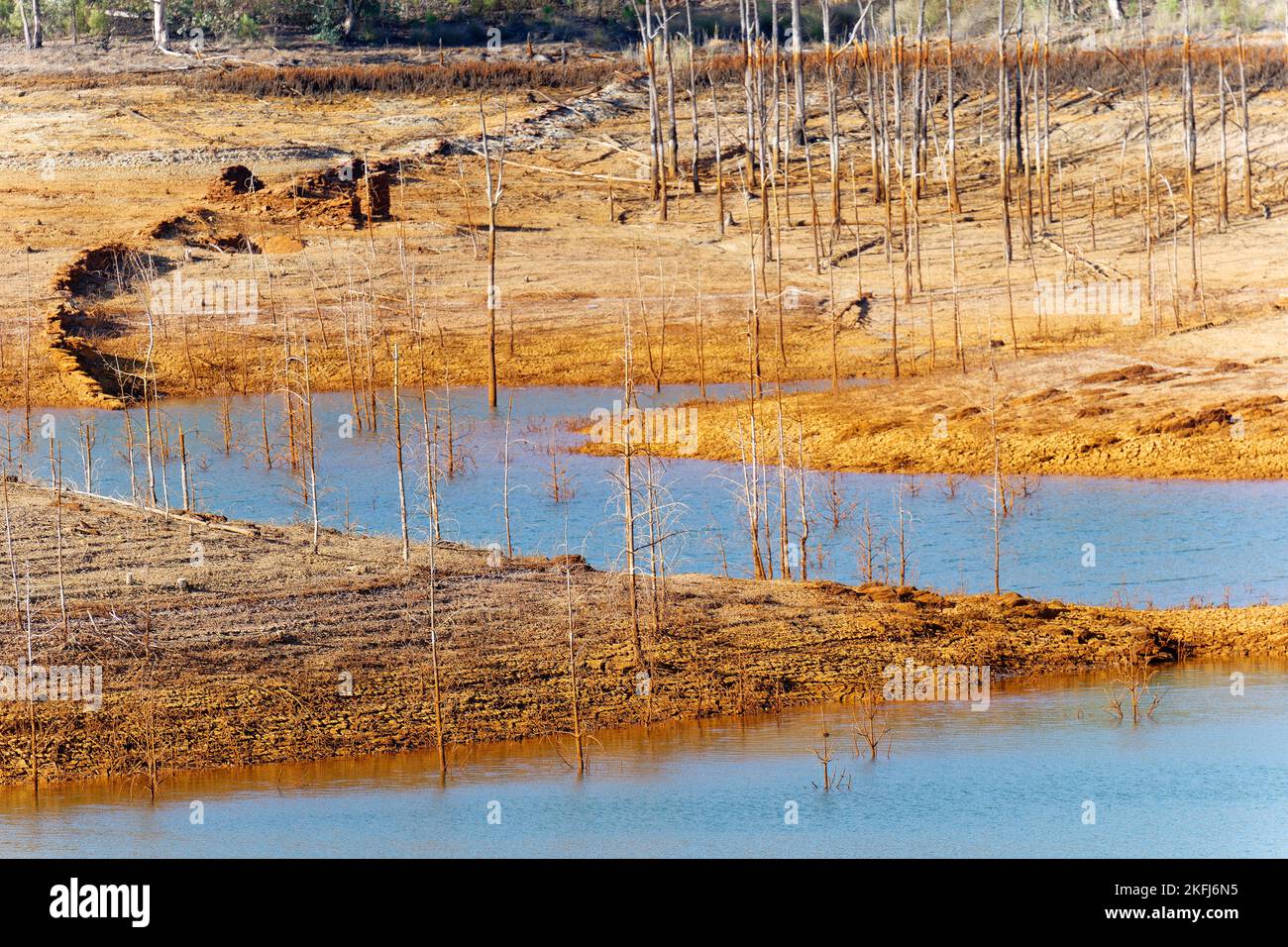 Low levels of water reservoir. Dry climate. Shortage of water. Dead ...