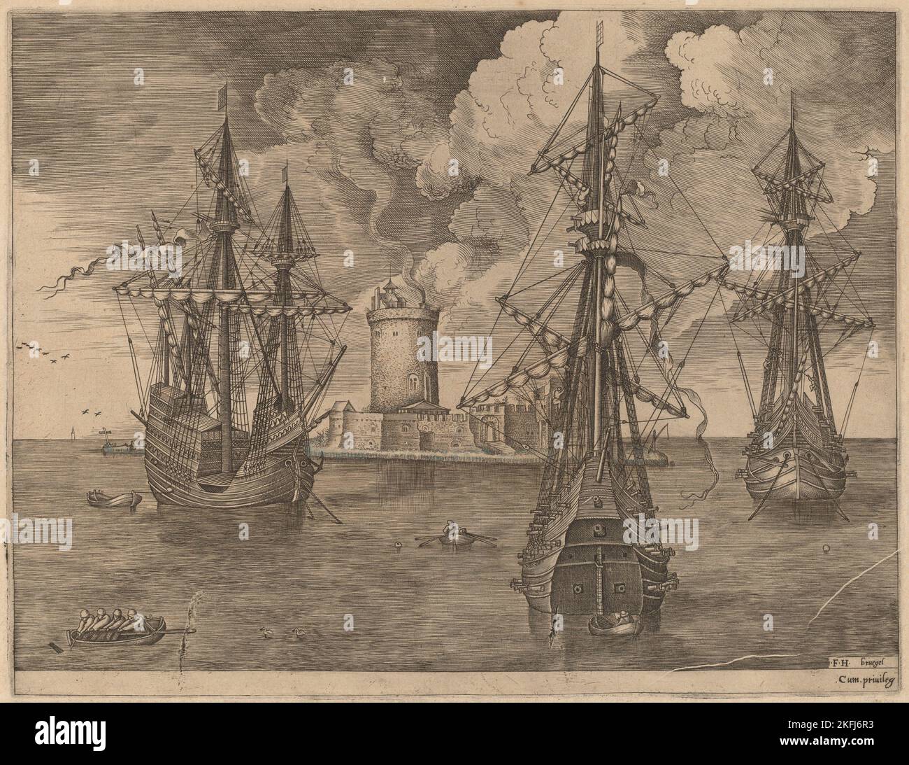 Four-Master (Left) and Two Three-Masters Anchored Near a Fortified ...