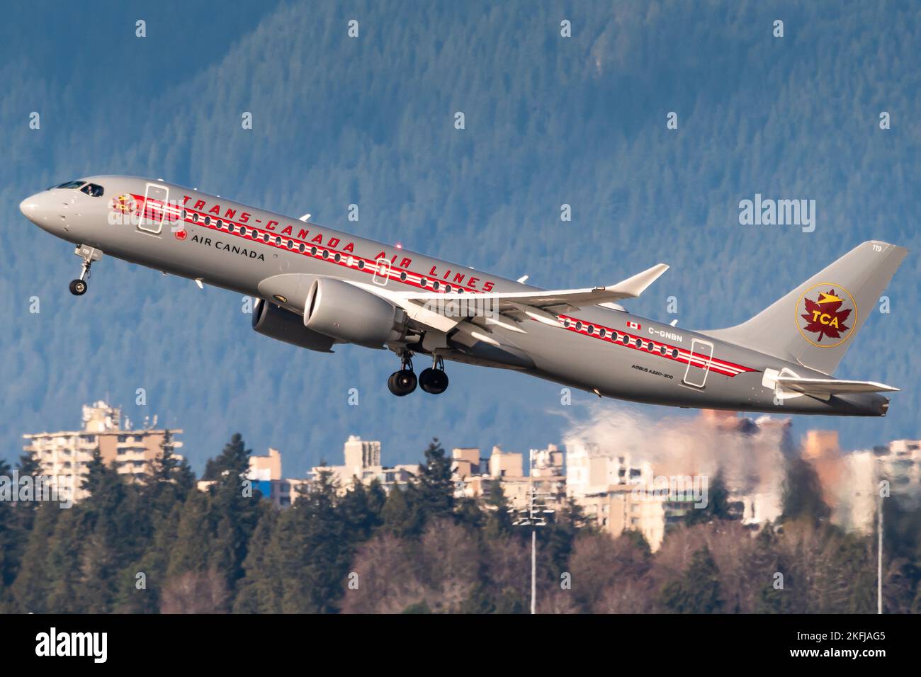A view of the Trans Canada Retro A220 taking off from the Vancouver ...