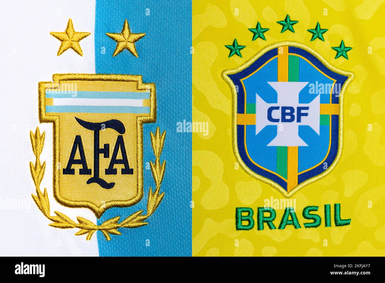 Close up of National Football team crest on home kit. FIFA World Cup ...