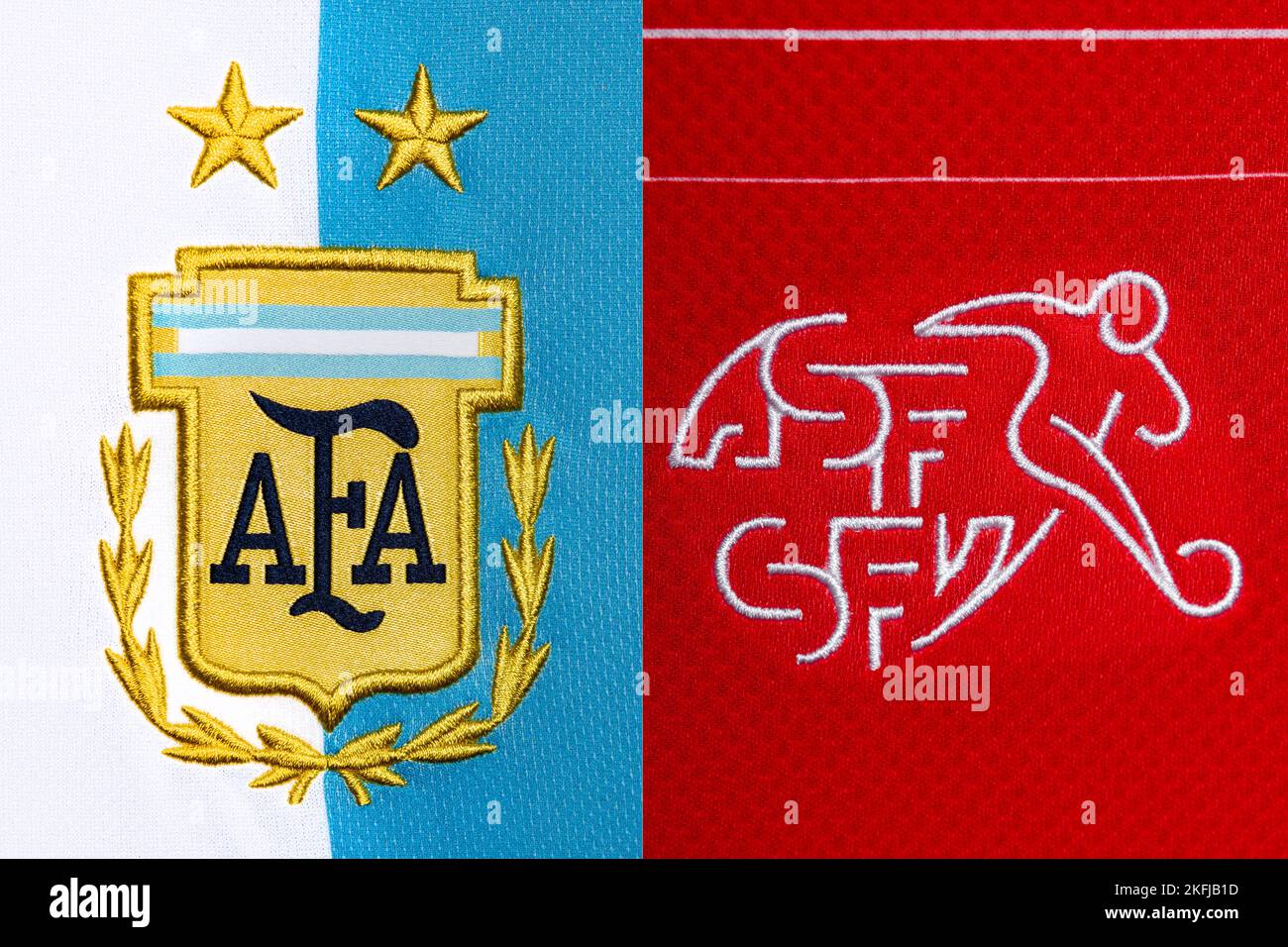 Close up of National Football team crest on home kit. FIFA World Cup ...