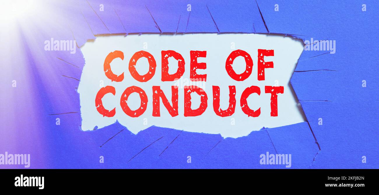 Sign displaying Code Of Conduct, Word for Ethics rules moral codes ...