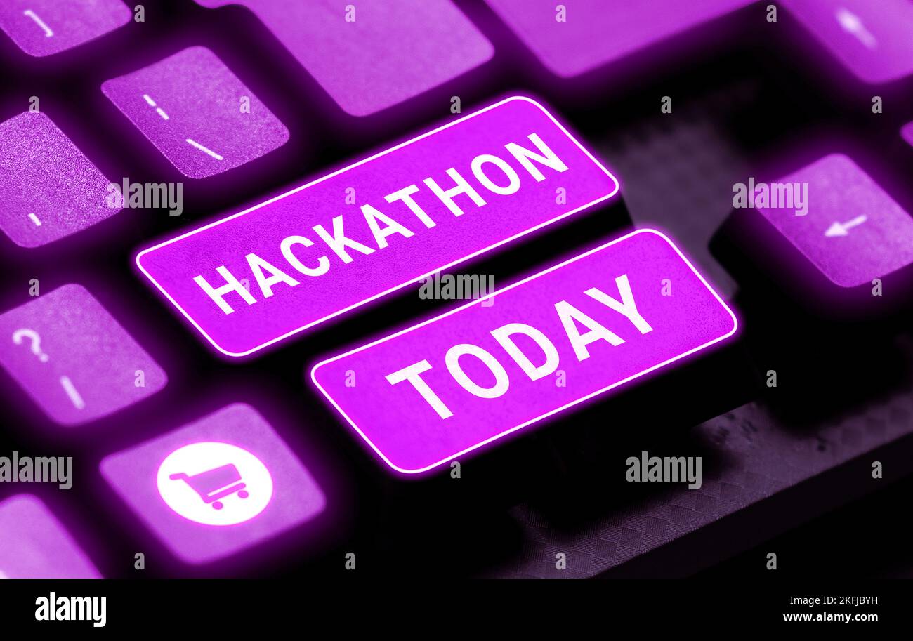 Sign displaying Hackathon, Internet Concept event where large number of ...