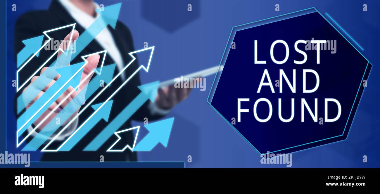 Text caption presenting Lost And Found, Concept meaning Place where you ...