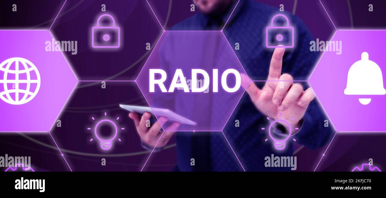 Text sign showing Radio, Word for transmission reception ...