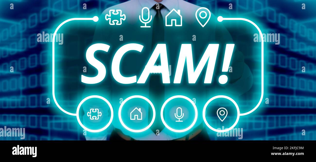 Hand writing sign Scam, Word Written on dishonest scheme Fraud Stealing ...