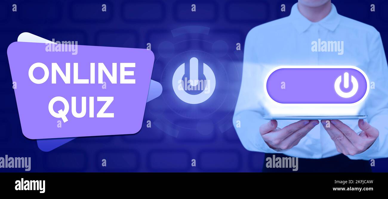 Text caption presenting Online Quiz. Word for game or a mind sport that are published on the ...