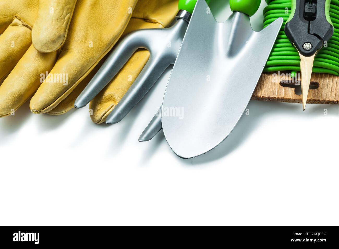 agricultural set tools hand spade fork gloves garden secateurs and rope ...