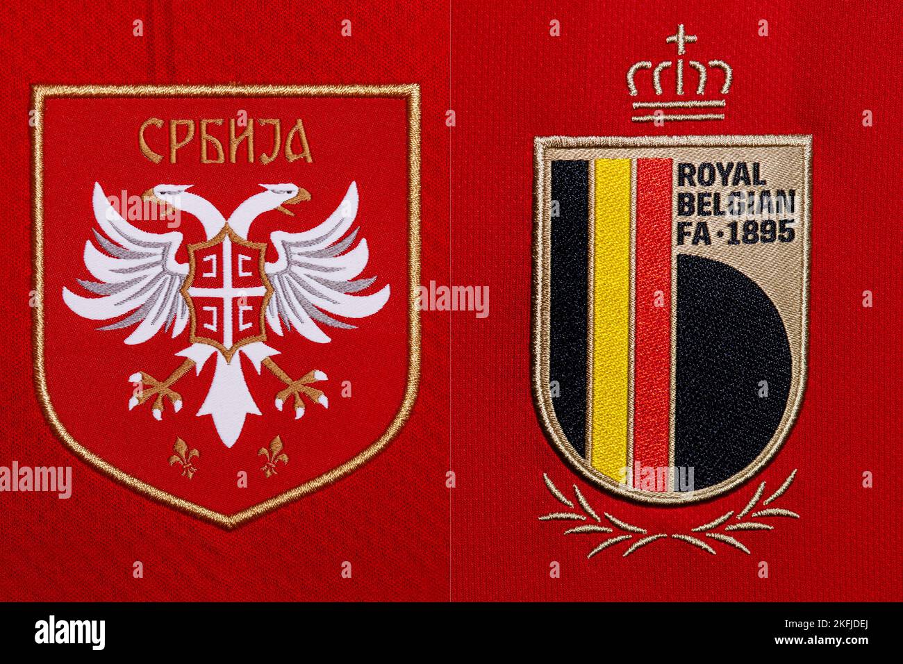 Close up of National Football team crest on home kit. FIFA World Cup ...