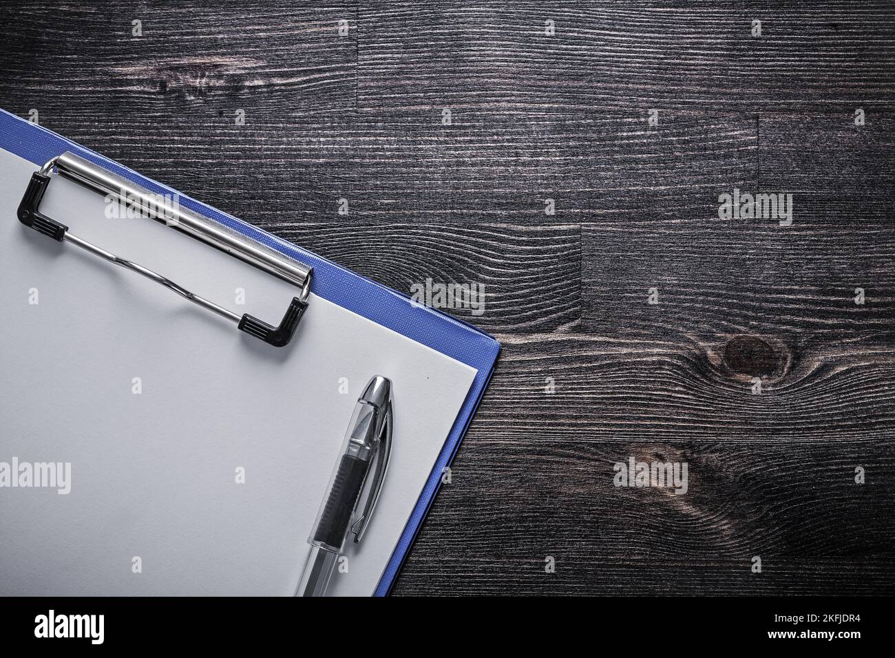 Clean notepad and black pen on wood board office concept Stock Photo ...