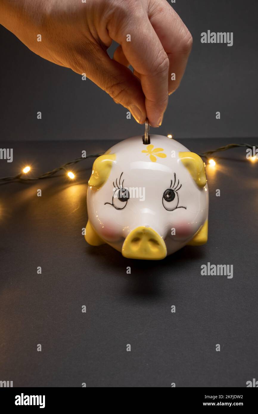 Putting one coin in a piggy bank, on a dark background with small led ...