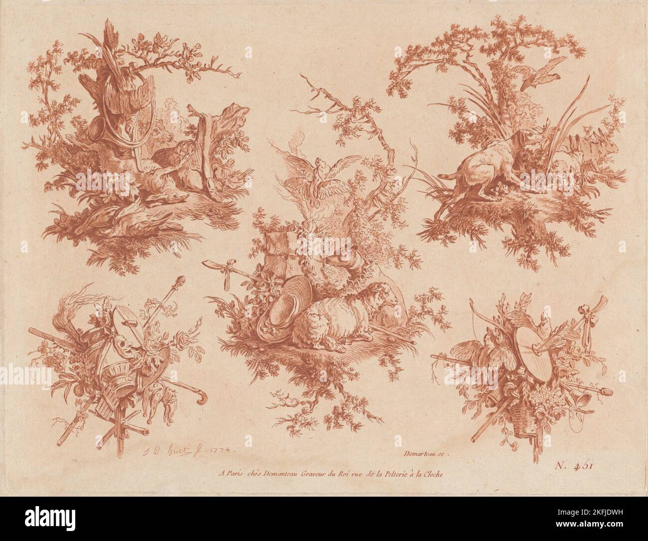 Five Trophies with Themes of Hunting, Love, and Folly, 1774 Stock Photo ...