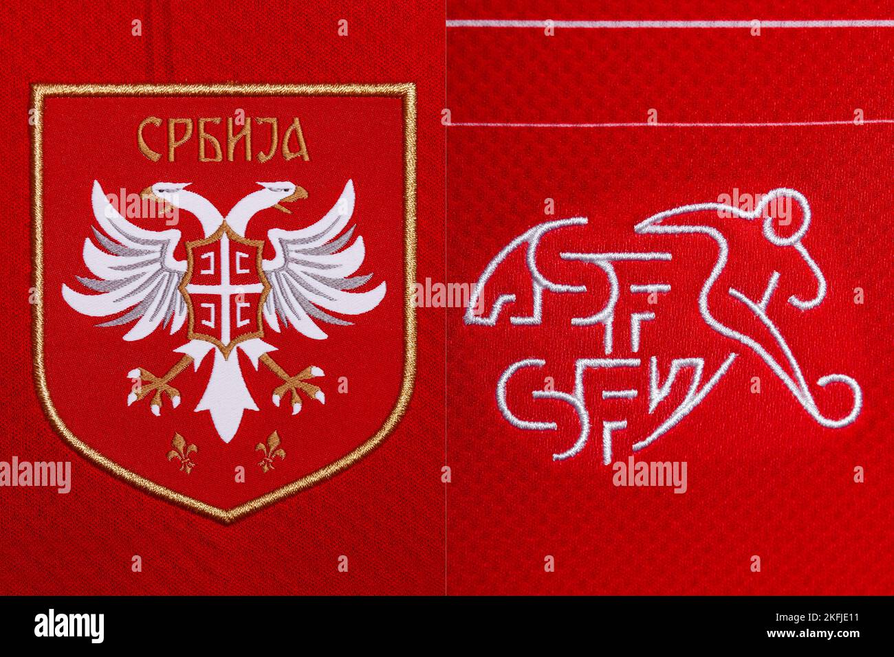 Close up of National Football team crest on home kit. FIFA World Cup ...