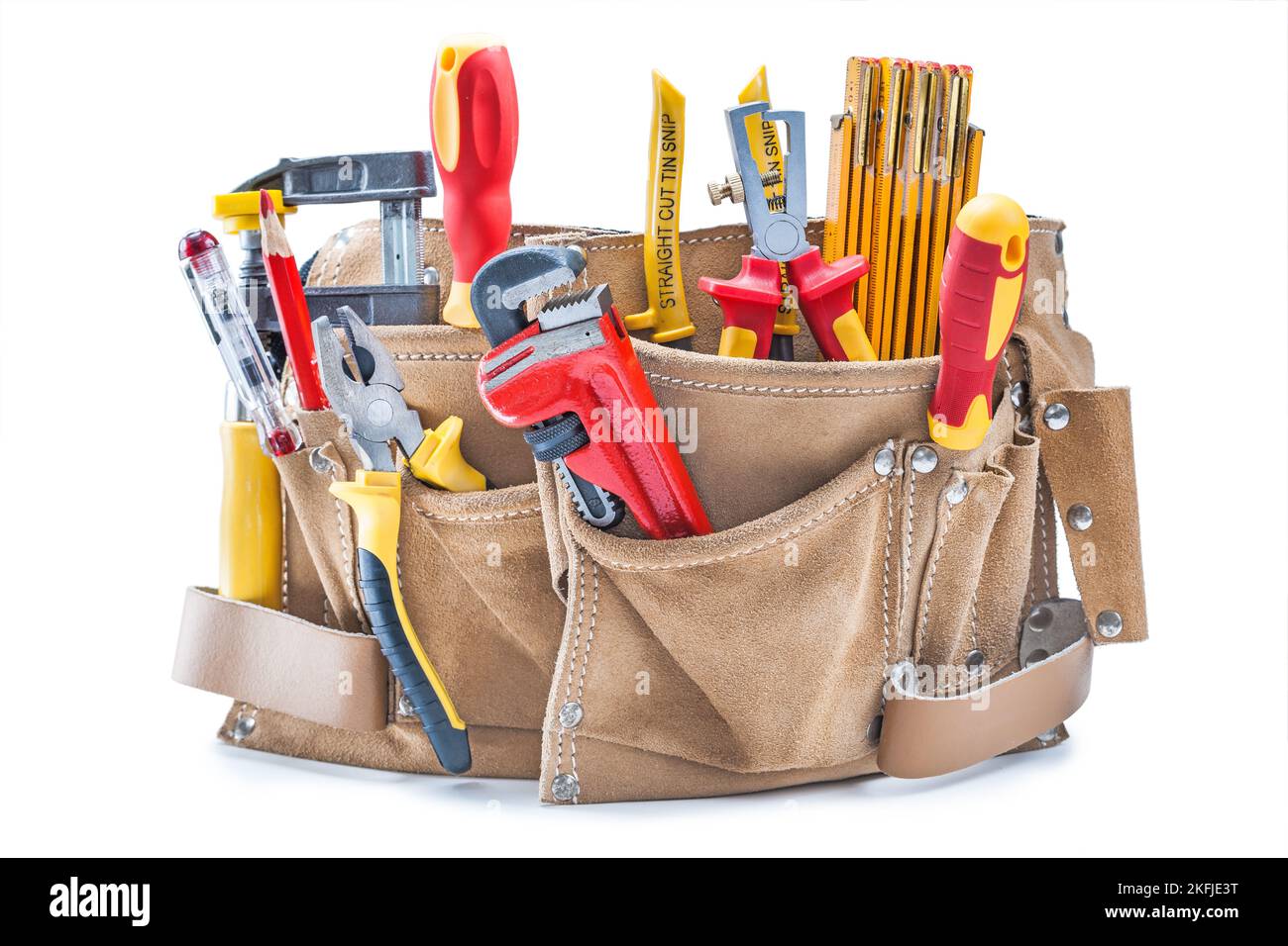 construction hand tools in brown leather tool belt isolated on white ...