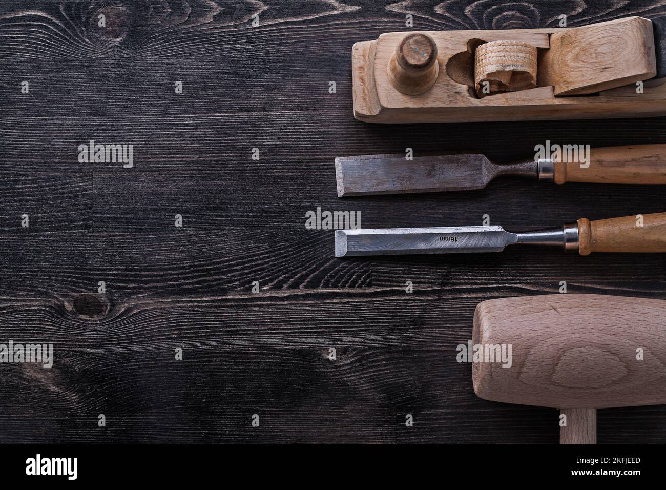 Flat chisels lump hammer shaving plane construction concept Stock Photo ...