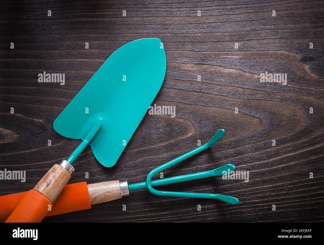 Gardening hand metal spade and rake on vintage brown wooden board ...