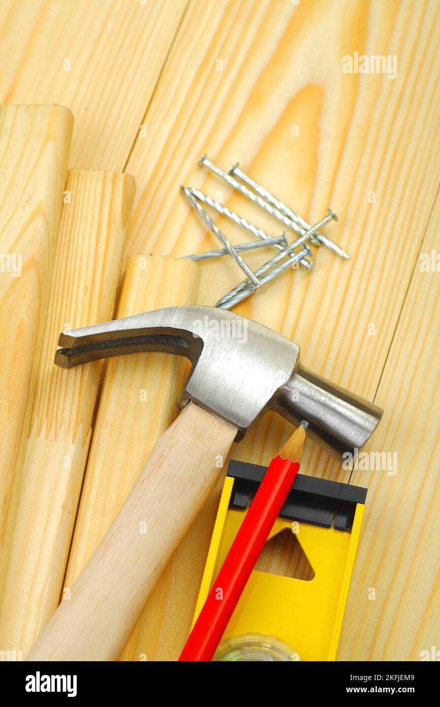 hammer pencil level nails Stock Photo - Alamy