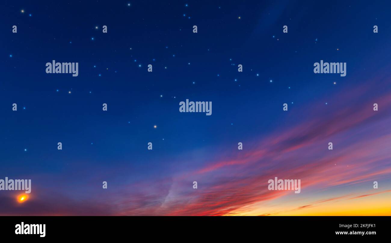 evening sky, day turns to night. Sunset, clouds and starry sky. A ...