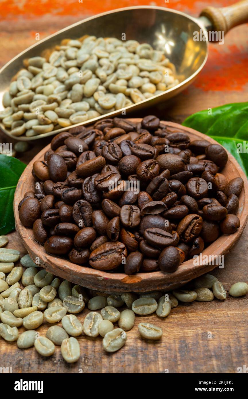 Green and roasted coffee beans from South America coffee producing ...