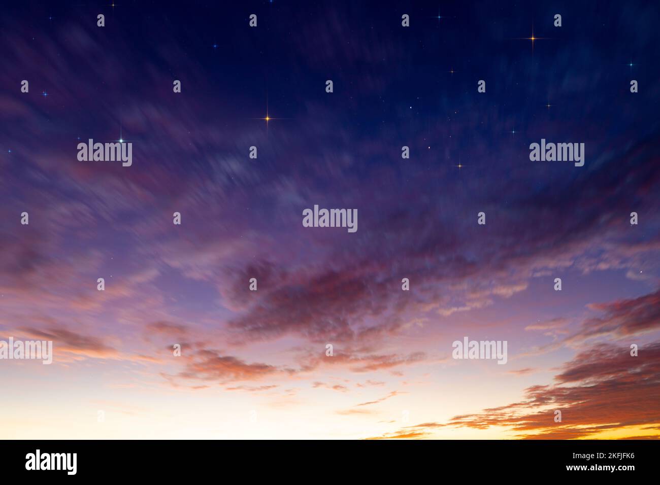 evening sky, day turns to night. Sunset, clouds and starry sky. A ...