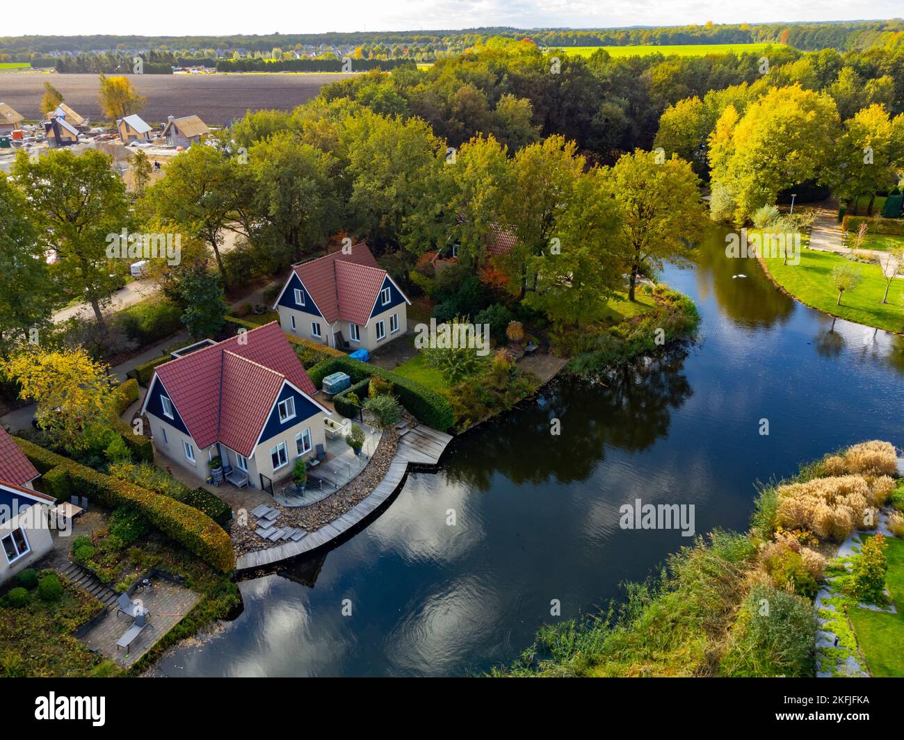 Dutch landscape, aerial view on houses and lakes in Drenthe province ...