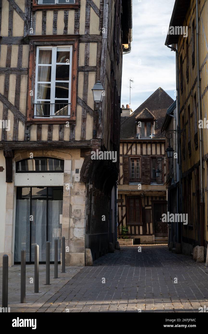 Medieval central part of Troyes old city with half-timbered houses and ...