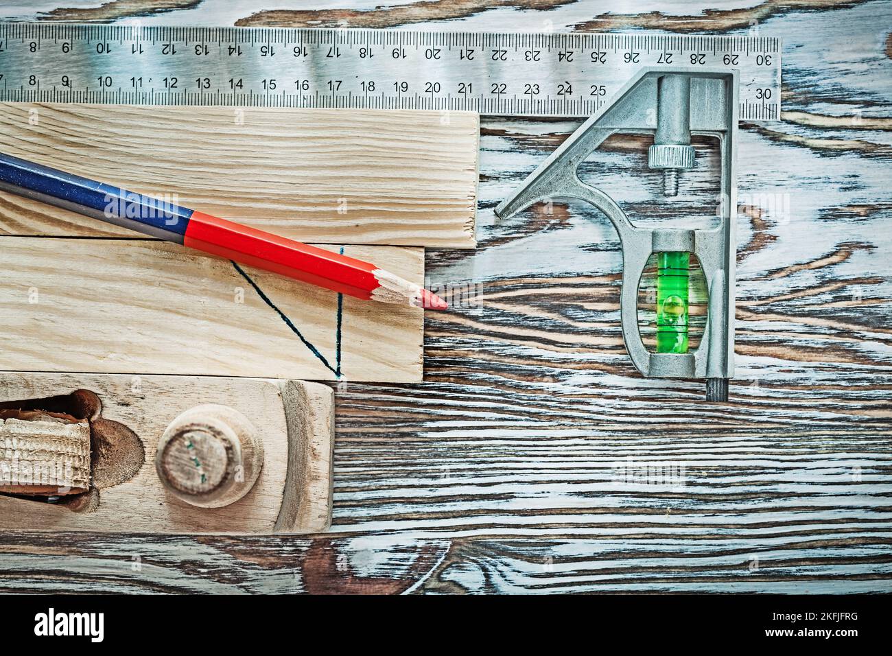 Planer building board pencil level square ruler Stock Photo - Alamy