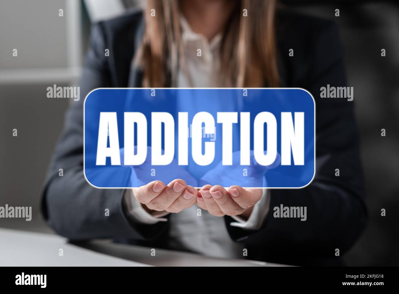 Text caption presenting Addiction. Conceptual photo condition of being ...