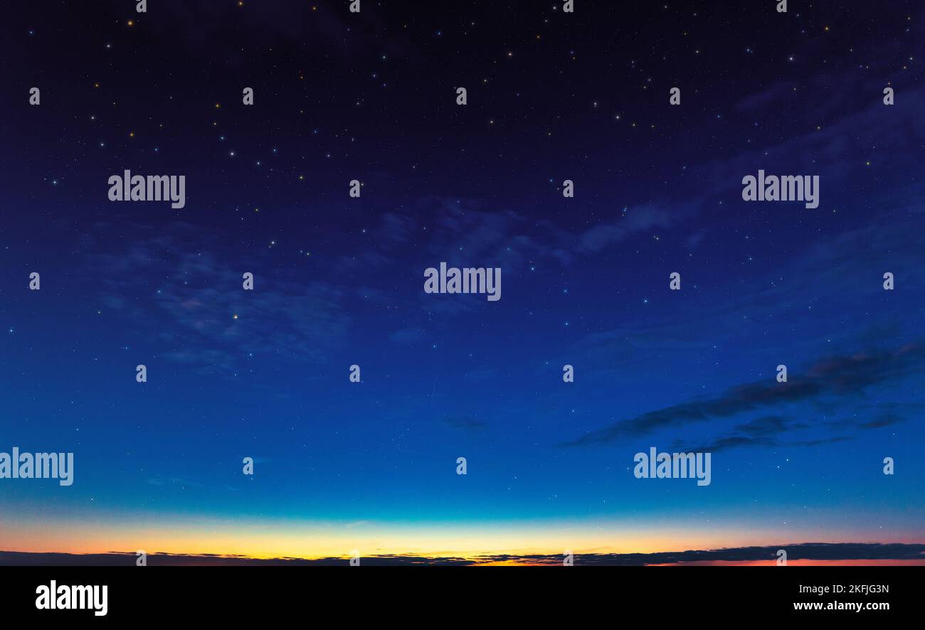 evening sky, day turns to night. Sunset, clouds and starry sky. A ...