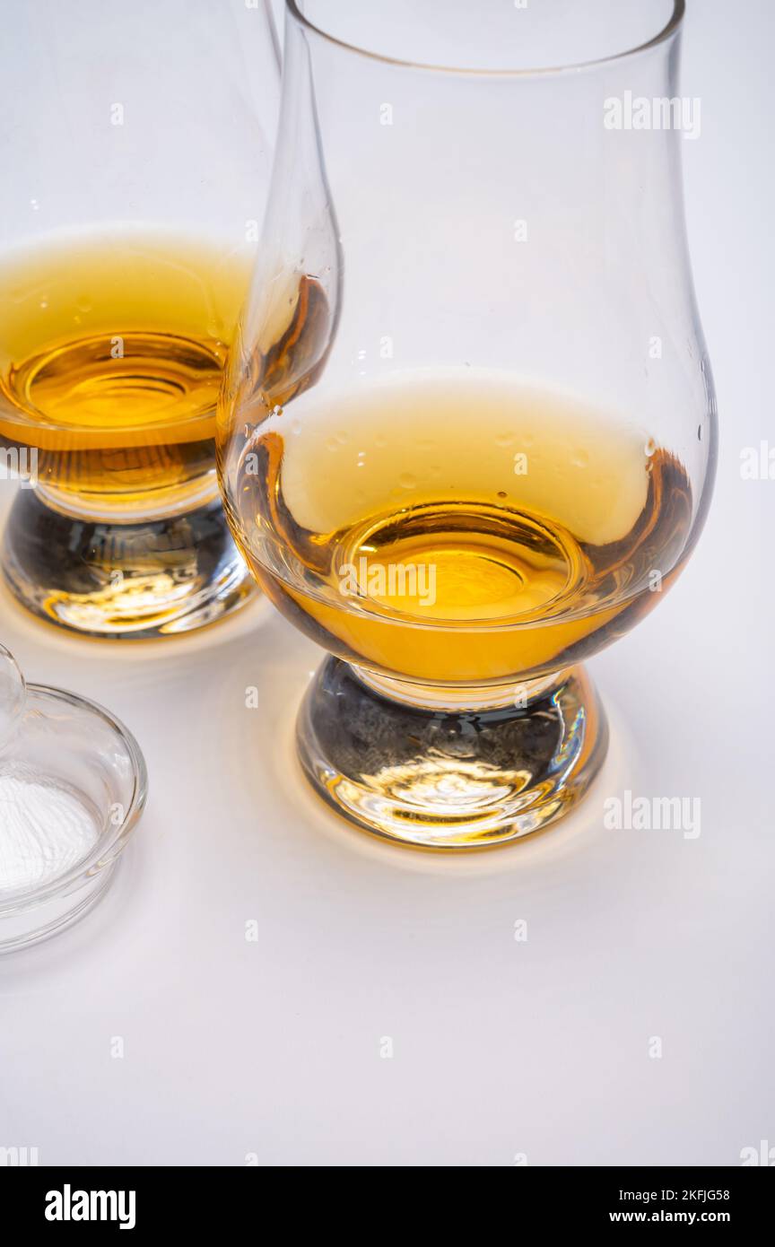 Tulip-shaped tasting glass with dram of Scotch single malt or blended ...