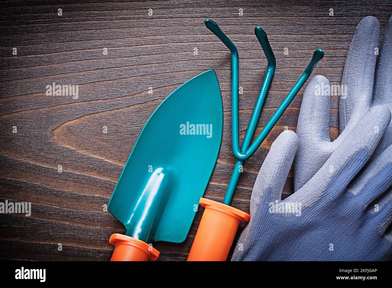 Rubber safety gloves hand spade and reel rake on vintage hardwood ...