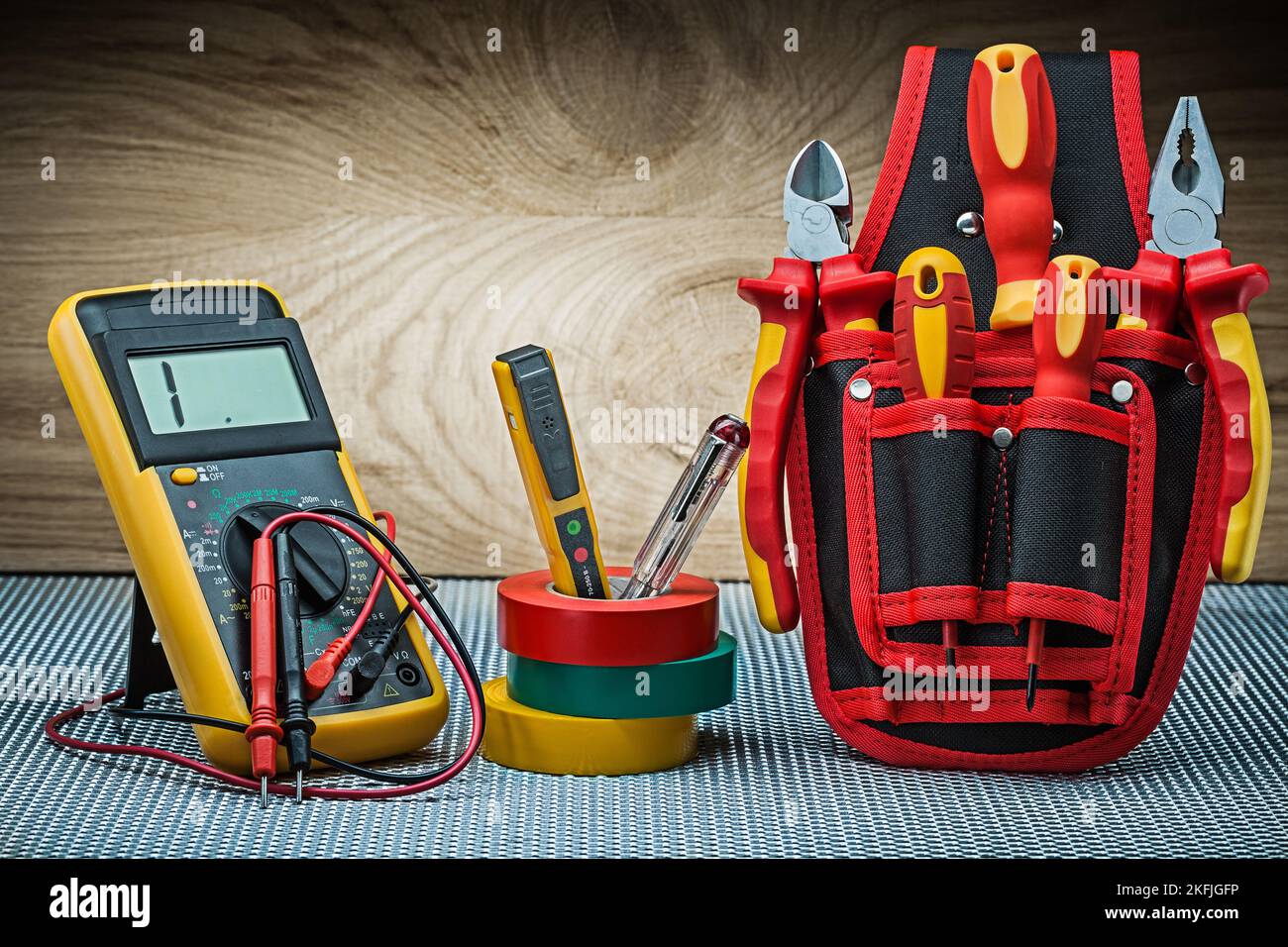set of electrical tools on wood background Stock Photo - Alamy