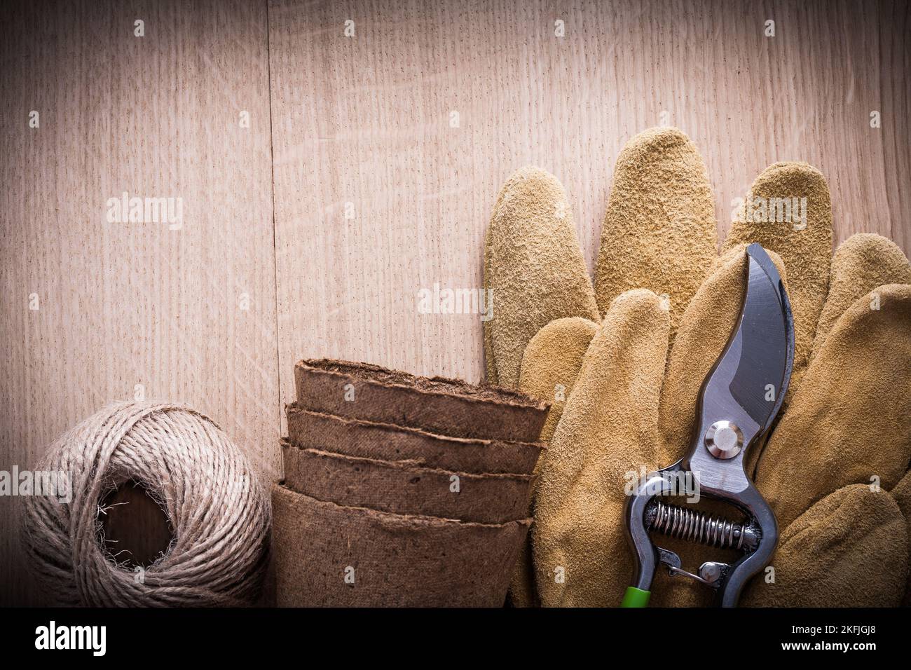 Sharp pruning shears leather safety gloves peat pots and hank of string ...