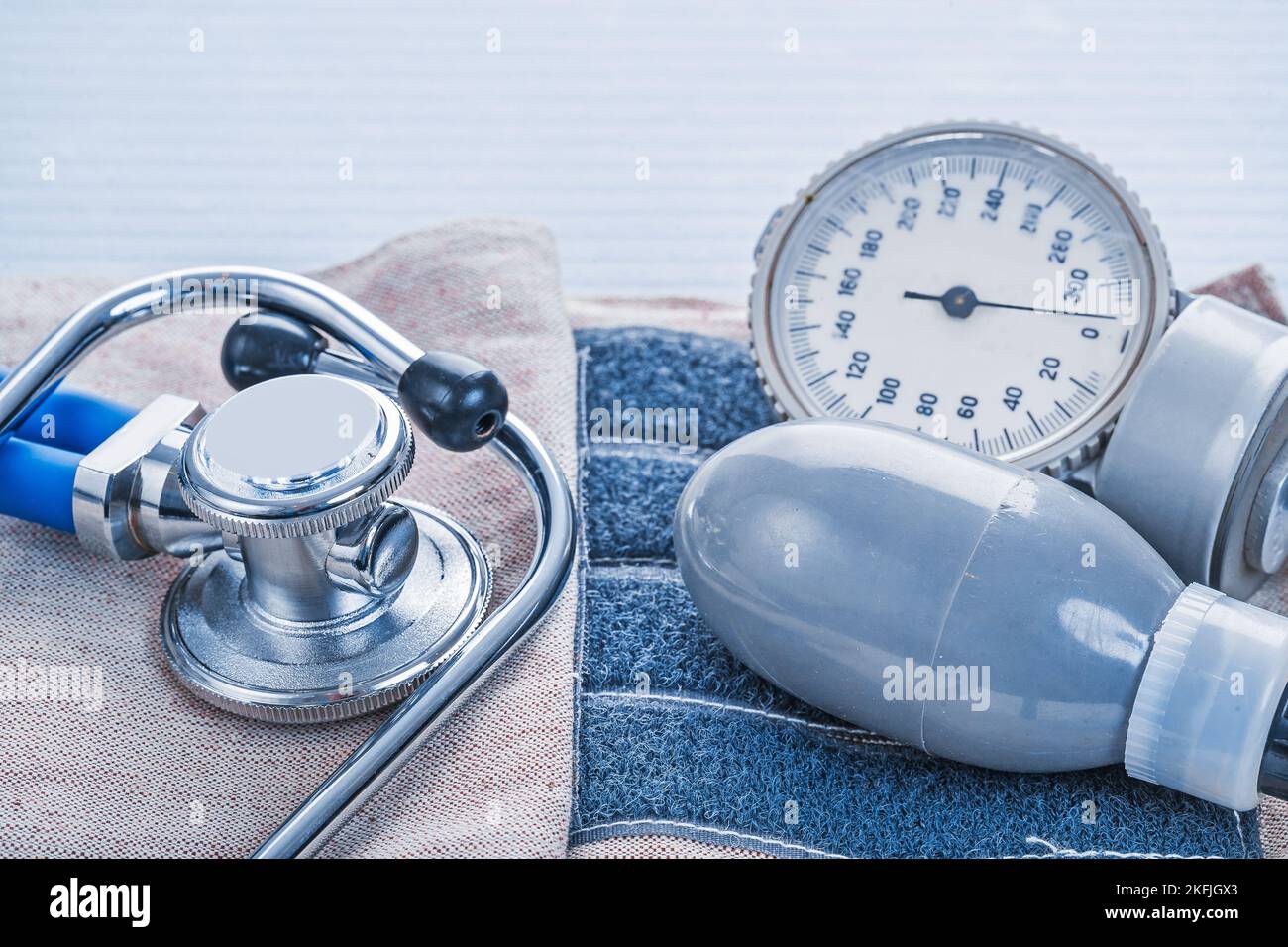 stethoscope and blood pressure monitor close up on details of its ...