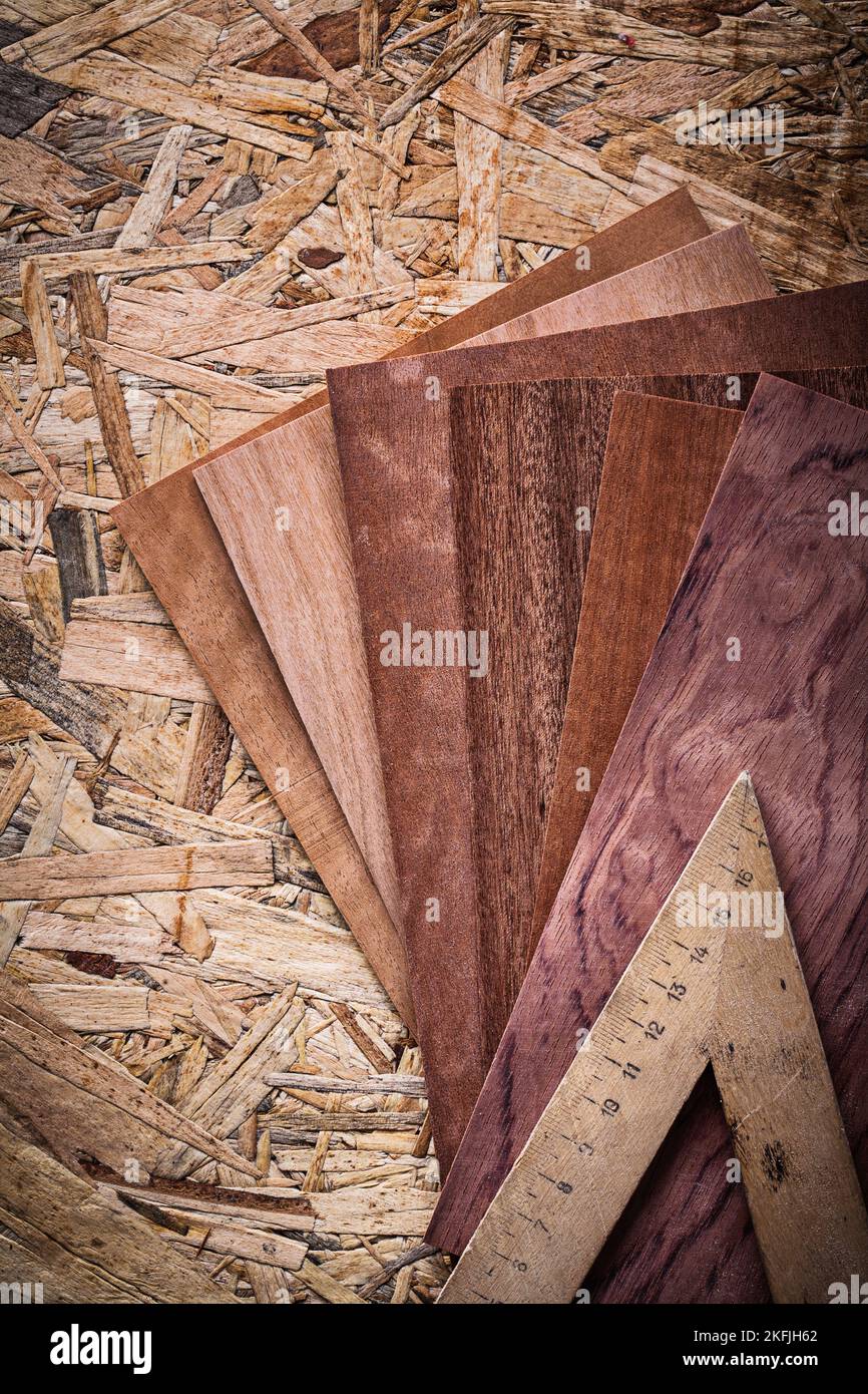 Veneer sheets ruler on wooden board construction concept Stock Photo ...