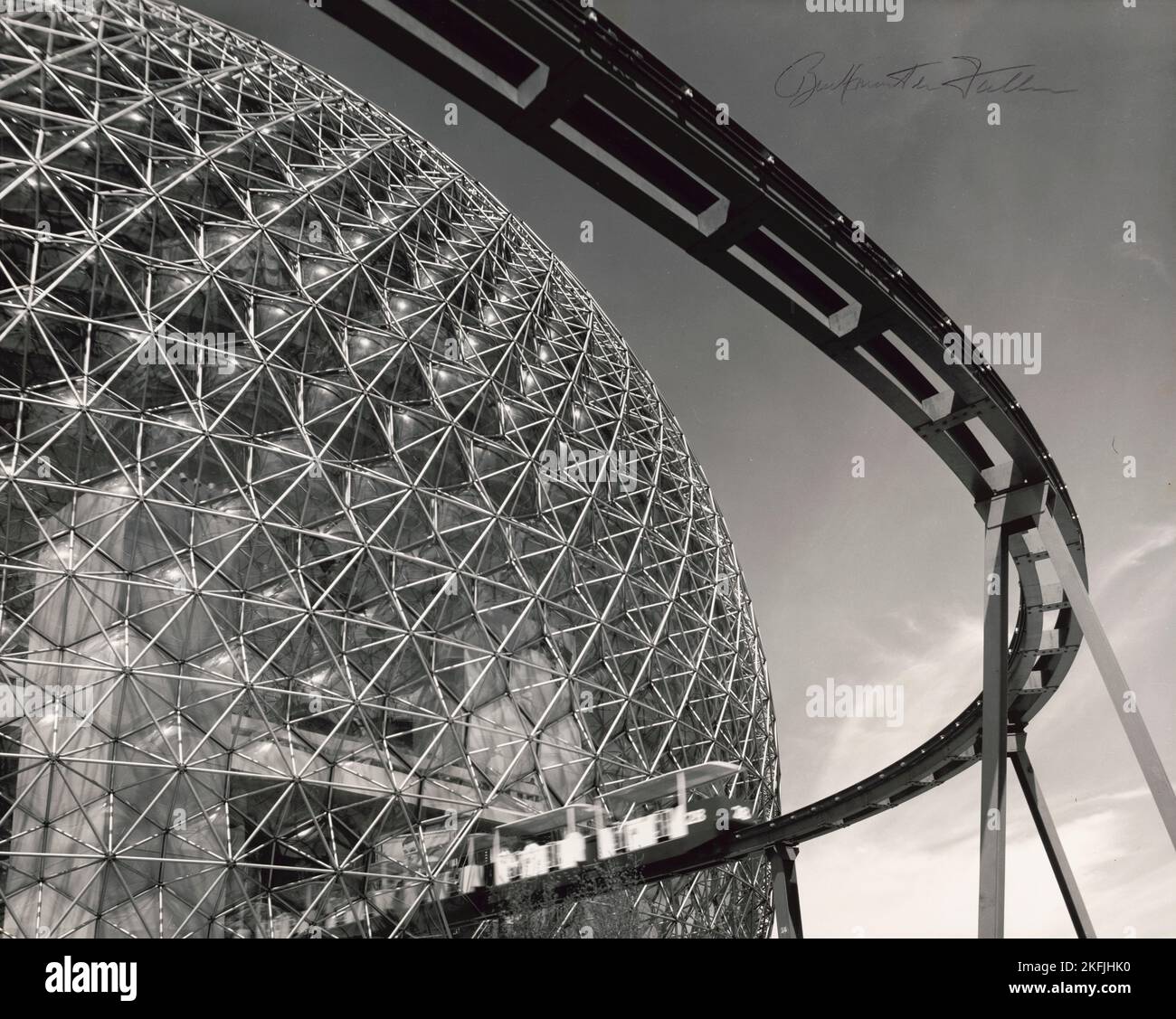 Black and white photo of the monorail and geodesic dome at Expo 67 in ...