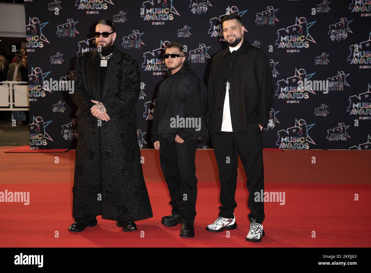 SCH, Hamza Sauce God and Zeg P attend the 24th NRJ Music at Palais des Festivals, on November 18 ...