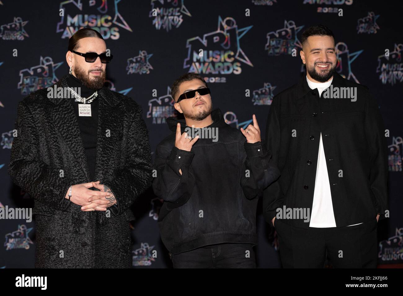 SCH, Hamza Sauce God and Zeg P attend the 24th NRJ Music at Palais des Festivals, on November 18 ...