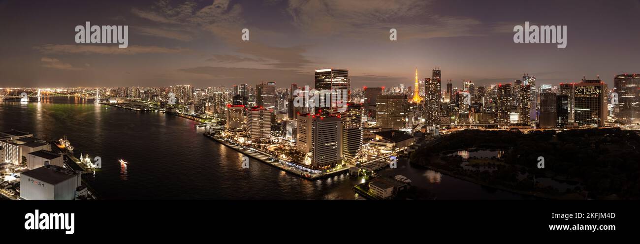 Panoramic view of Tokyo skyline along waterfront at night Stock Photo ...