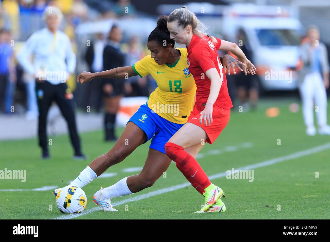 SAO PAULO, BRAZIL - NOVEMBER 15: Geyse of Brazil jostle for the ball ...