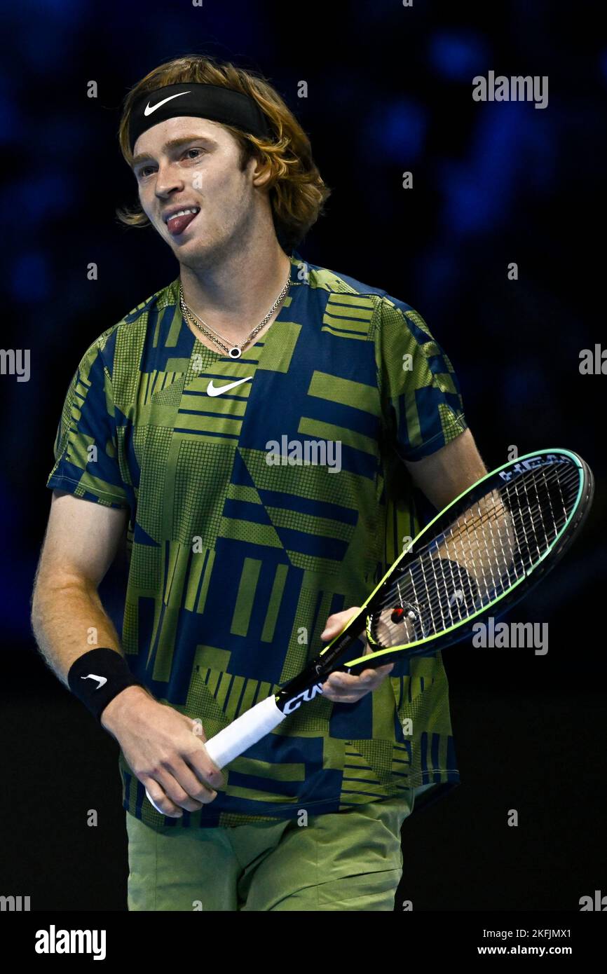 Turin, Italy. 18 November 2022. Andrey Rublev of Russia shows his ...