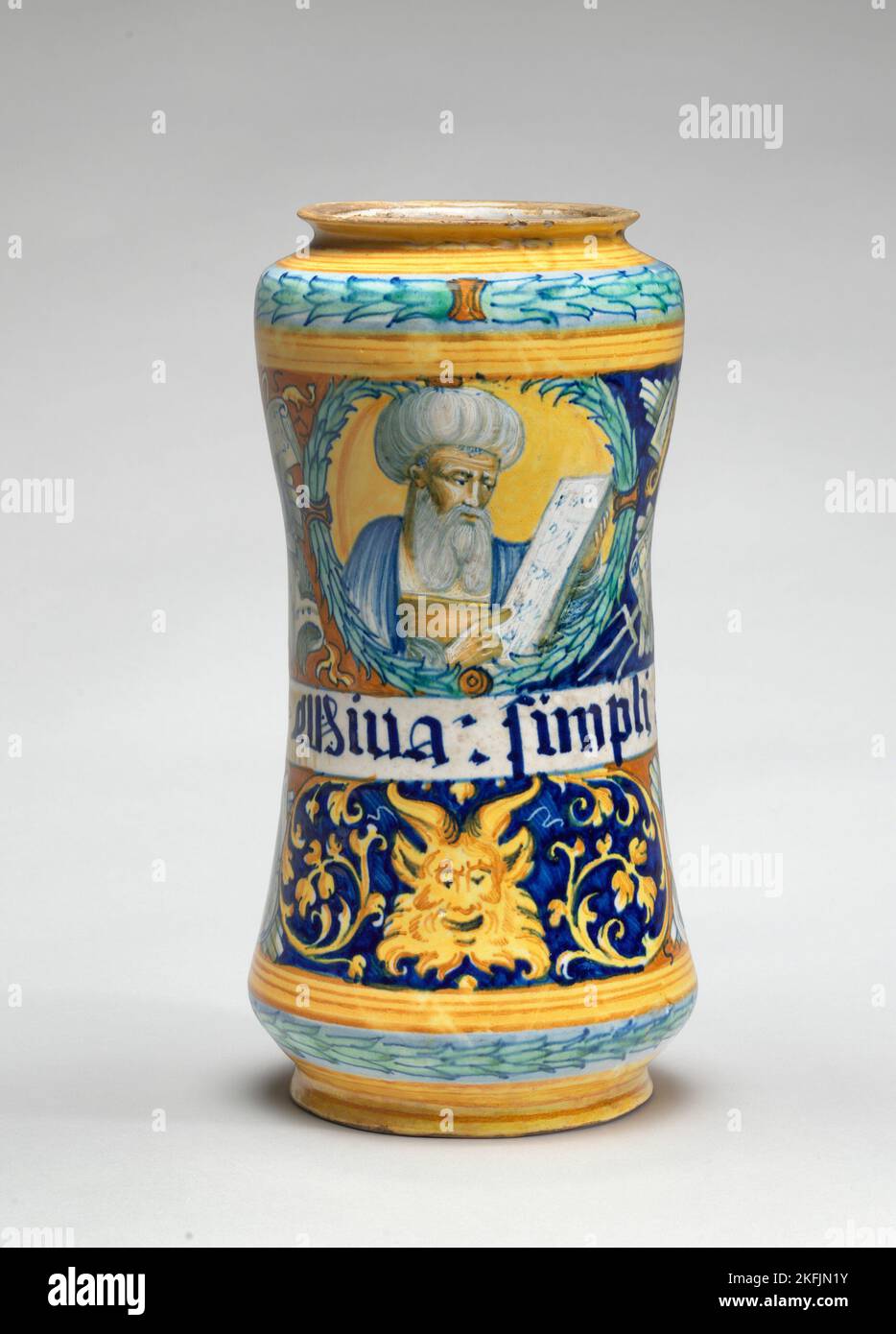 Albarello with white-bearded physician and trophies of arms, c. 1550/ ...