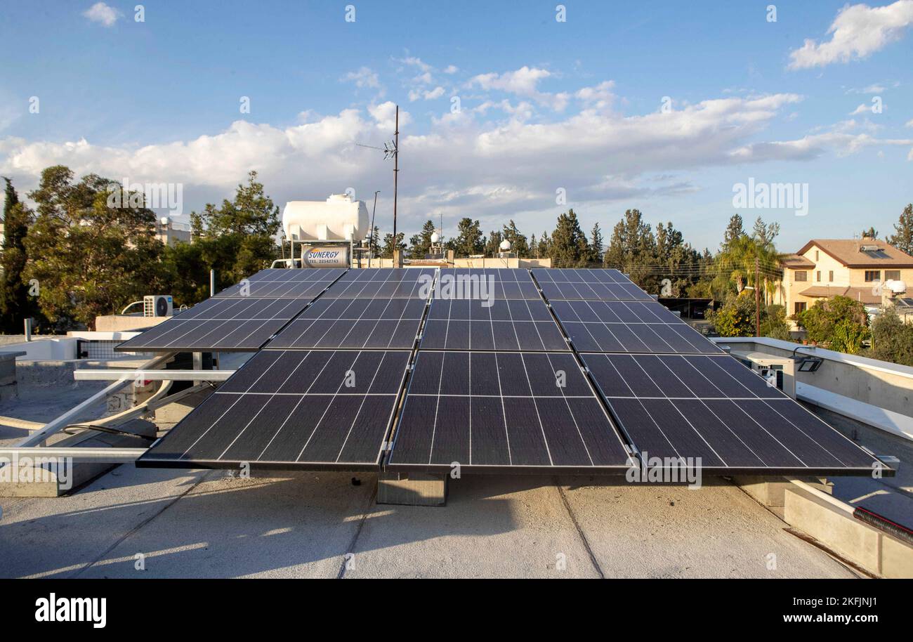 Nicosia. 18th Nov, 2022. Solar panels are seen on the roof of a house ...