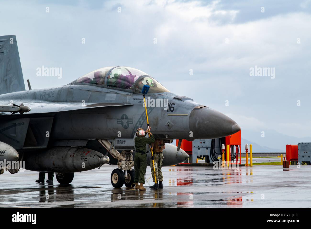 A U.S. Navy F/A-18 Super Hornet aircraft assigned to Carrier Air Wing 5 ...