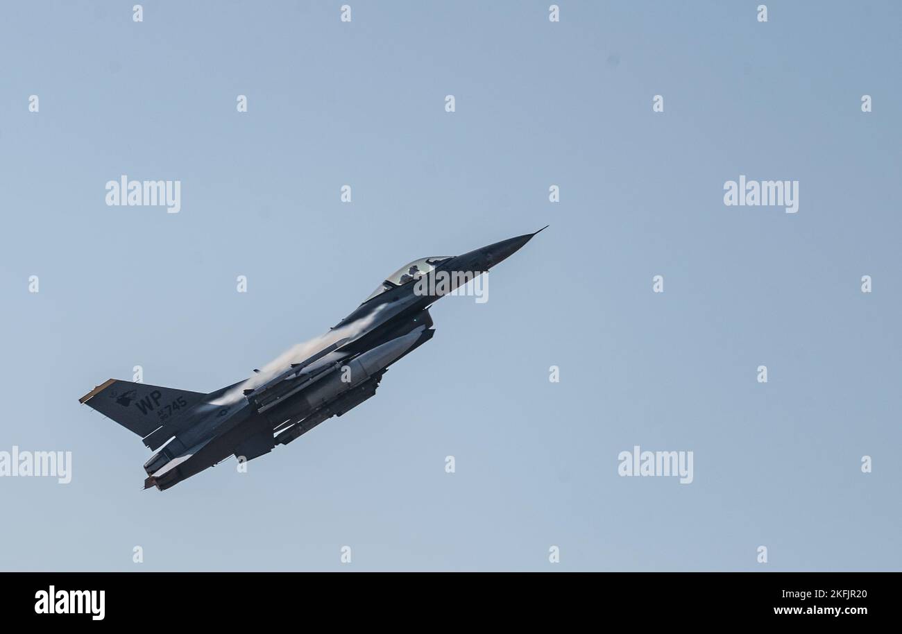 An 80th Fighter Squadron F-16 Fighting Falcon performs a combat takeoff ...
