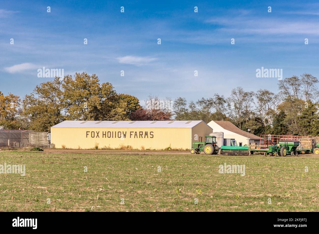 Fox Hollow Farms on the side of a metal barn in Calverton Stock Photo ...