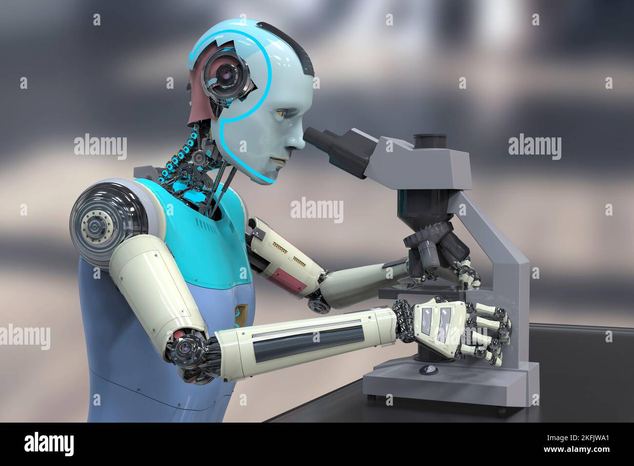 Humanoid robot working with microscope, illustration Stock Photo - Alamy