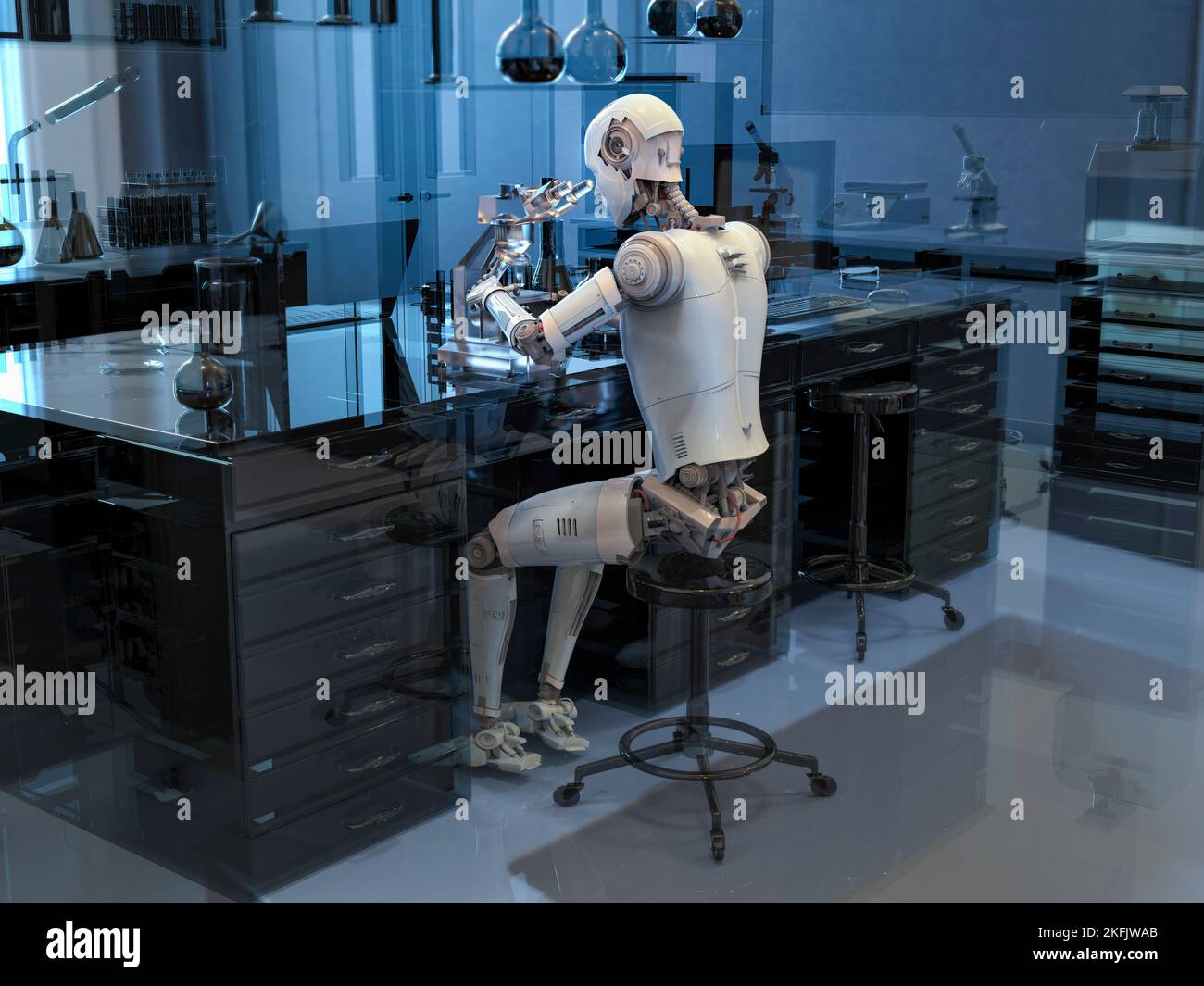Humanoid robot working with microscope, illustration Stock Photo - Alamy
